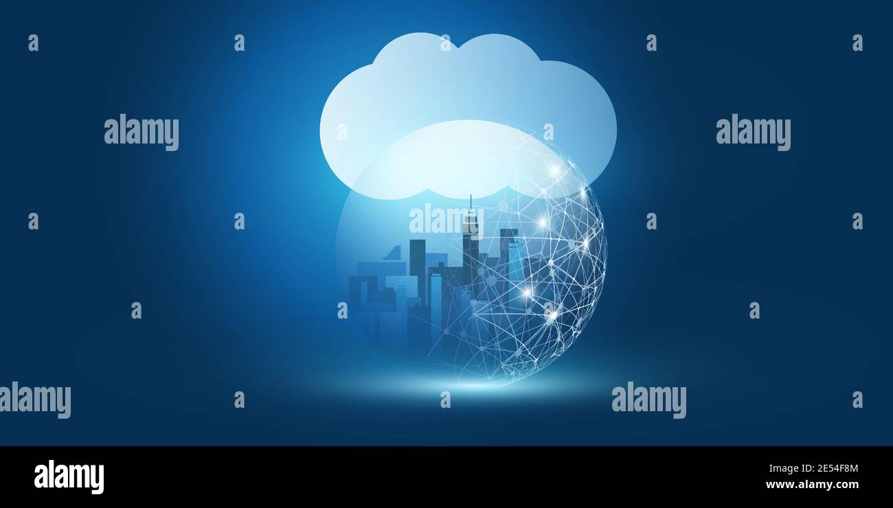 Smart City, Cloud Computing Design Concept with Transparent Globe, Cityscape and Cloud - Digital ...