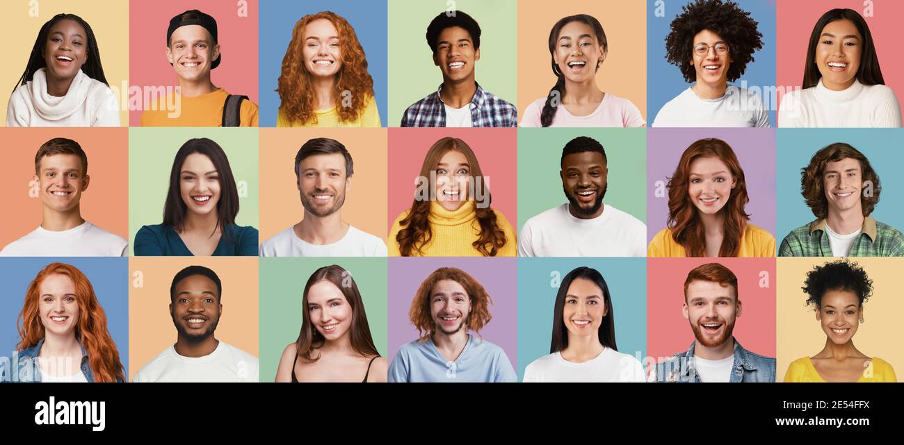 Happy Millennial Women And Men Portraits On Colorful Backgrounds ...