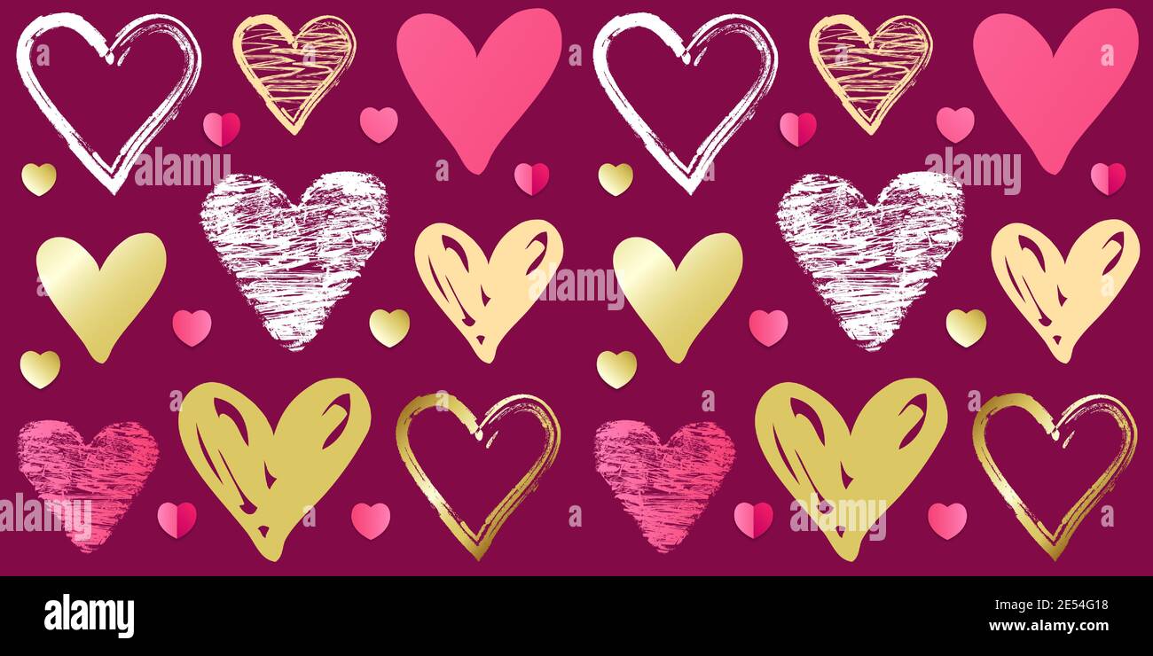 Valentines Day doodle sketch heart pattern on pink background. Seamless ...