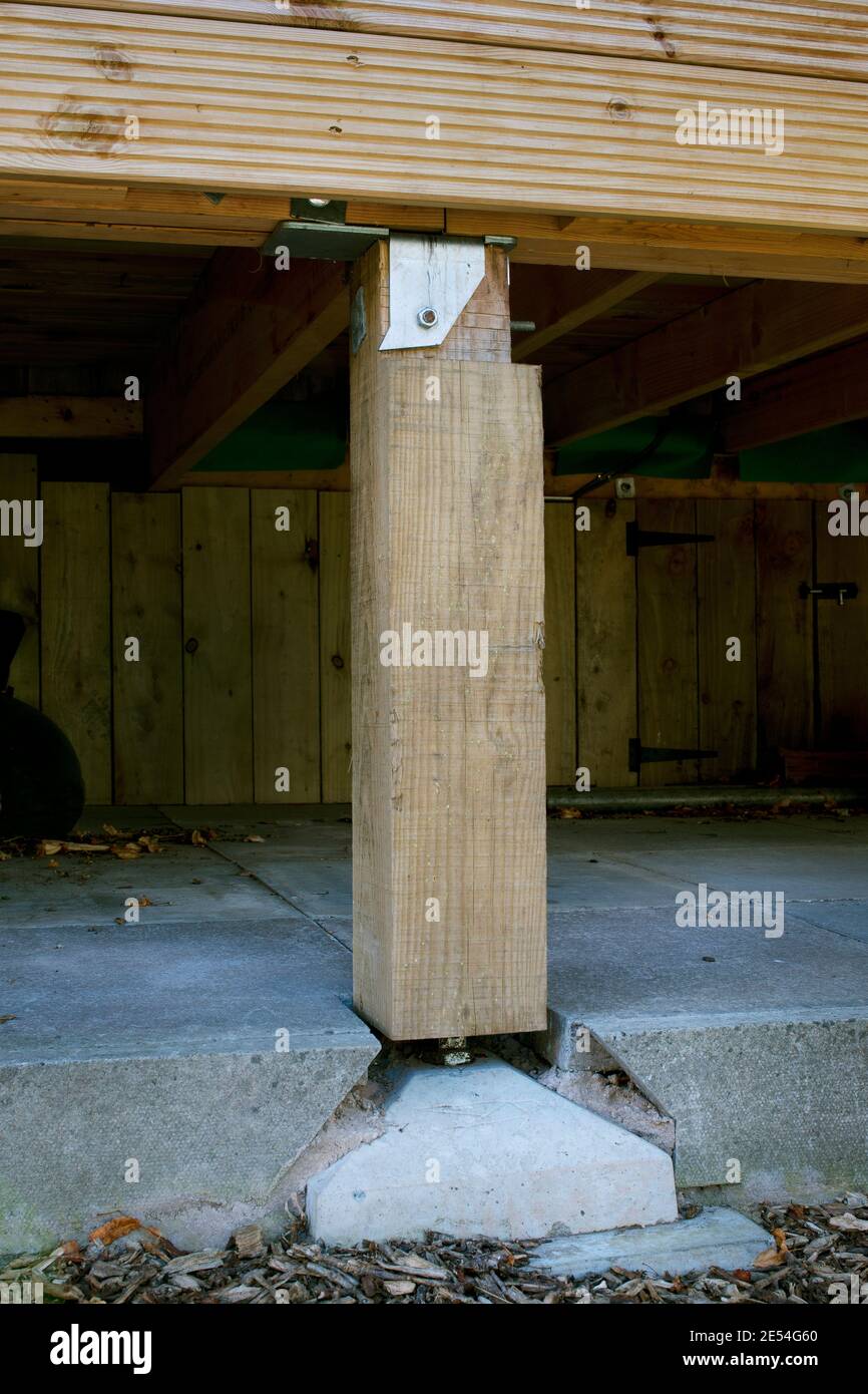 Detail of the adjustable house support posts and storage void under the ...