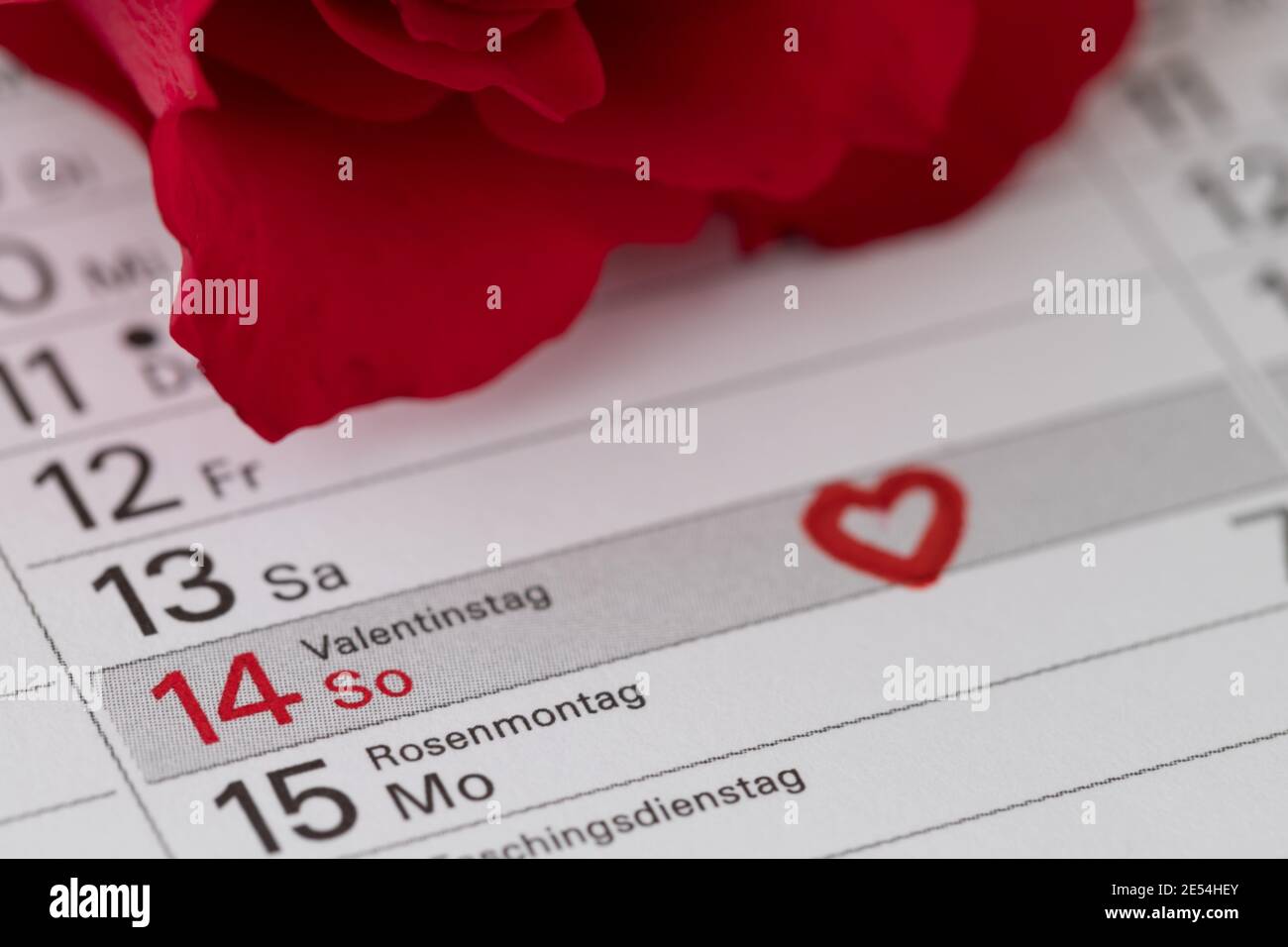 calendar with german inscription of Valentine day and Sunday and red ...