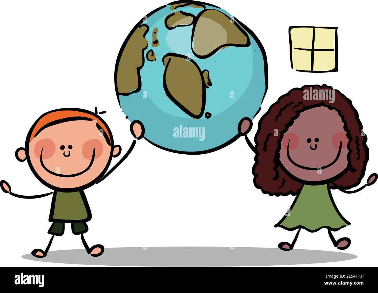 Stick Figure Kids holding planet earth stock illustration Vector, Save ...