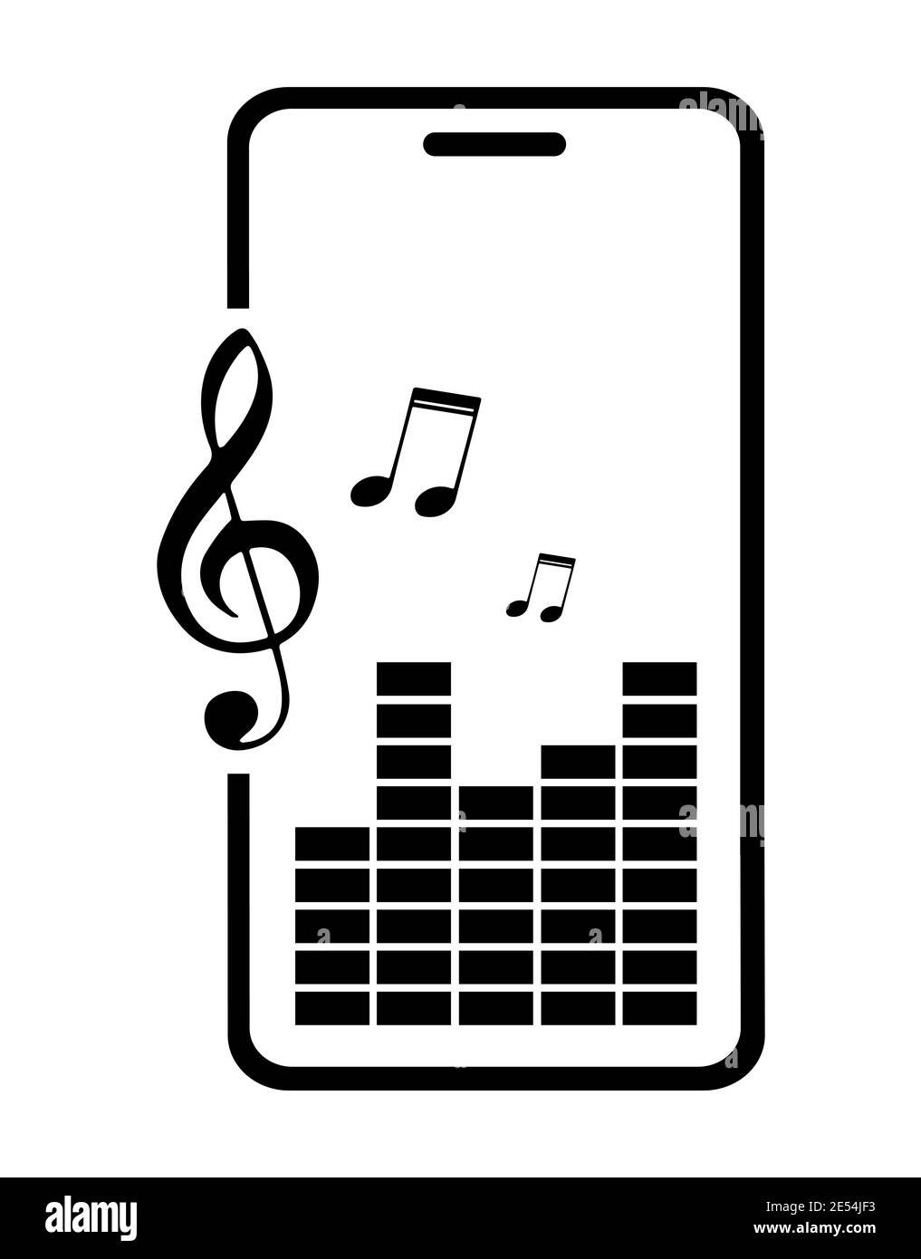 Icon. Smartphone with equalizer scale, sound volume and musical notes ...