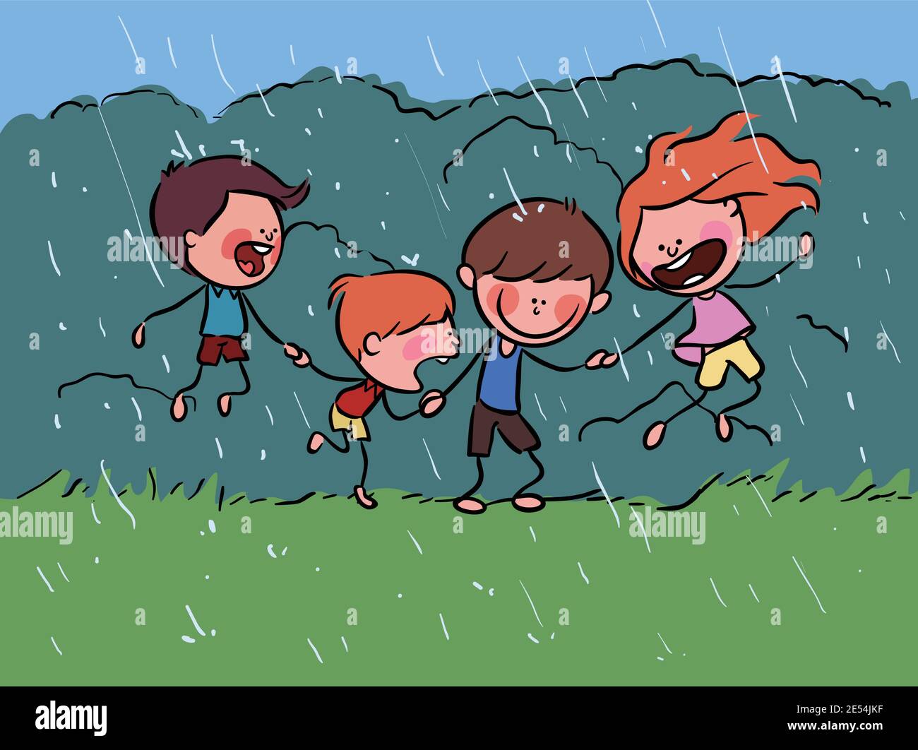 Happy Kids playing in Rainy Day Spring stock illustration vector Stock ...