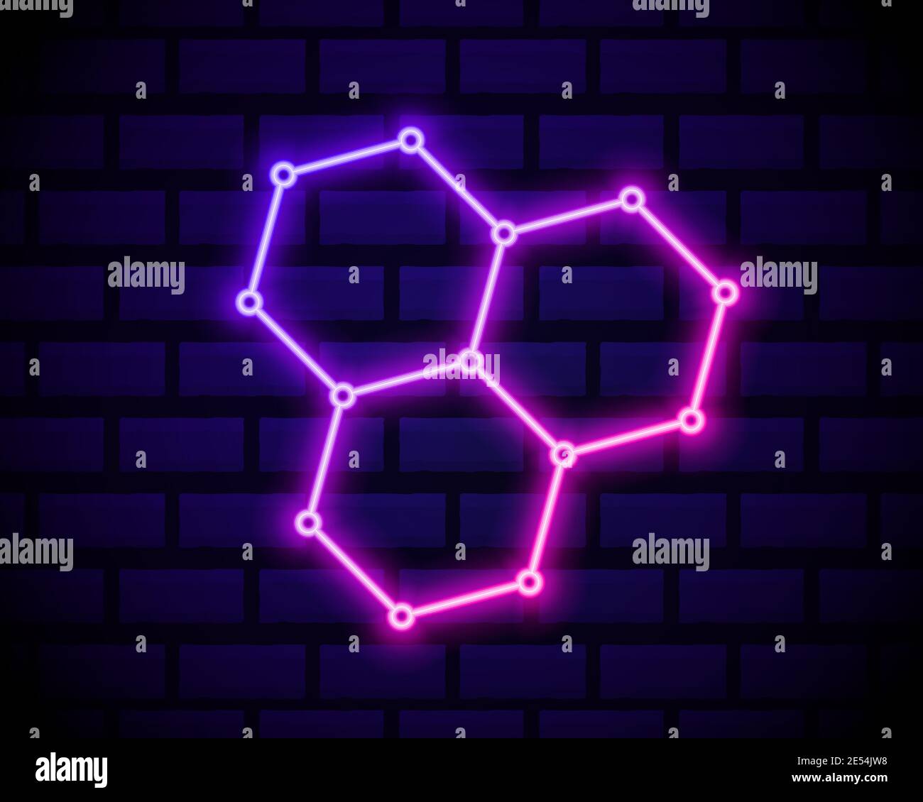 Glowing neon Chemical formula consisting of benzene rings icon isolated on brick wall background ...
