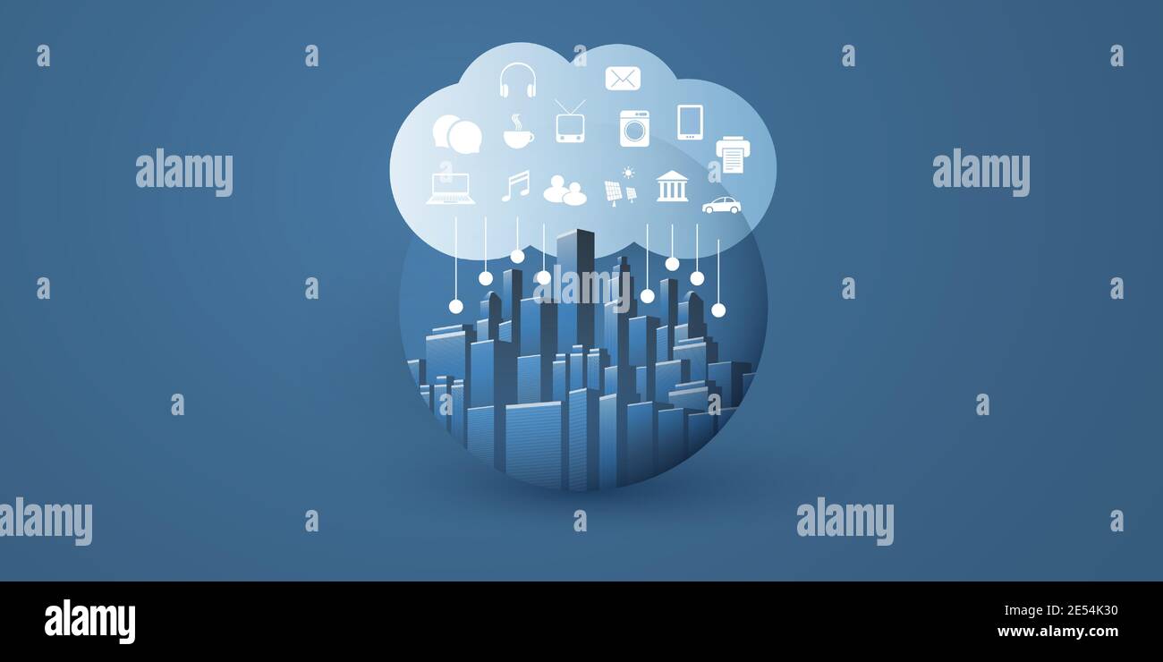 Smart City, Cloud Computing Design Concept with Icons, Transparent Globe, Cityscape and Cloud ...