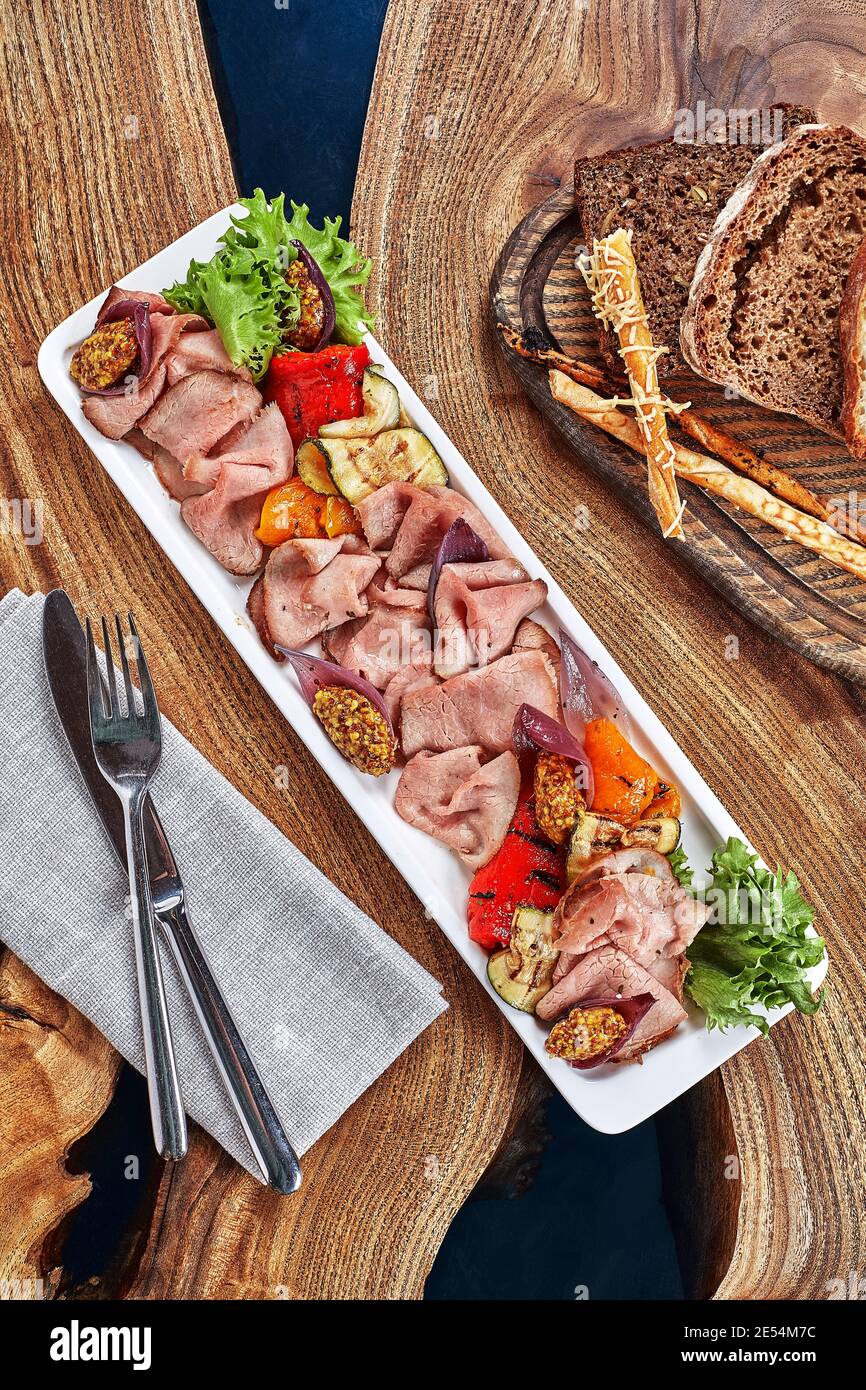 Sliced Beef or Pork with Marinated Vegetables and Sauce. Beautifully ...