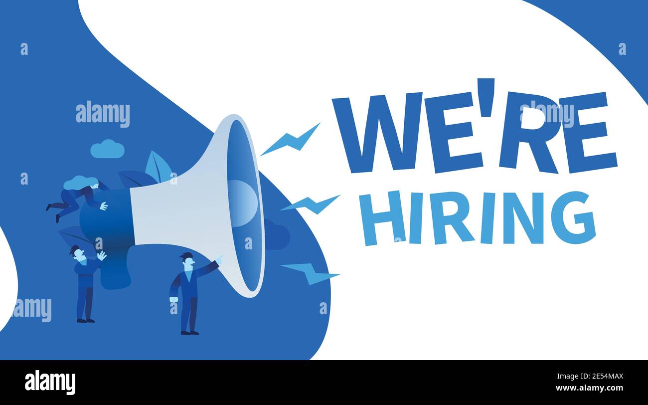Small cartoon people with megaphone banner. We are hiring. Employer ...