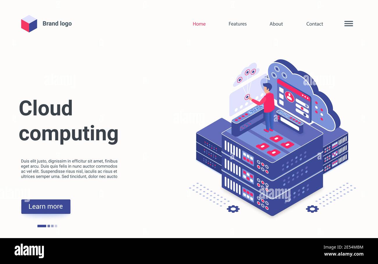 Cloud computing technology isometric vector illustration. Cartoon 3d user character working on ...