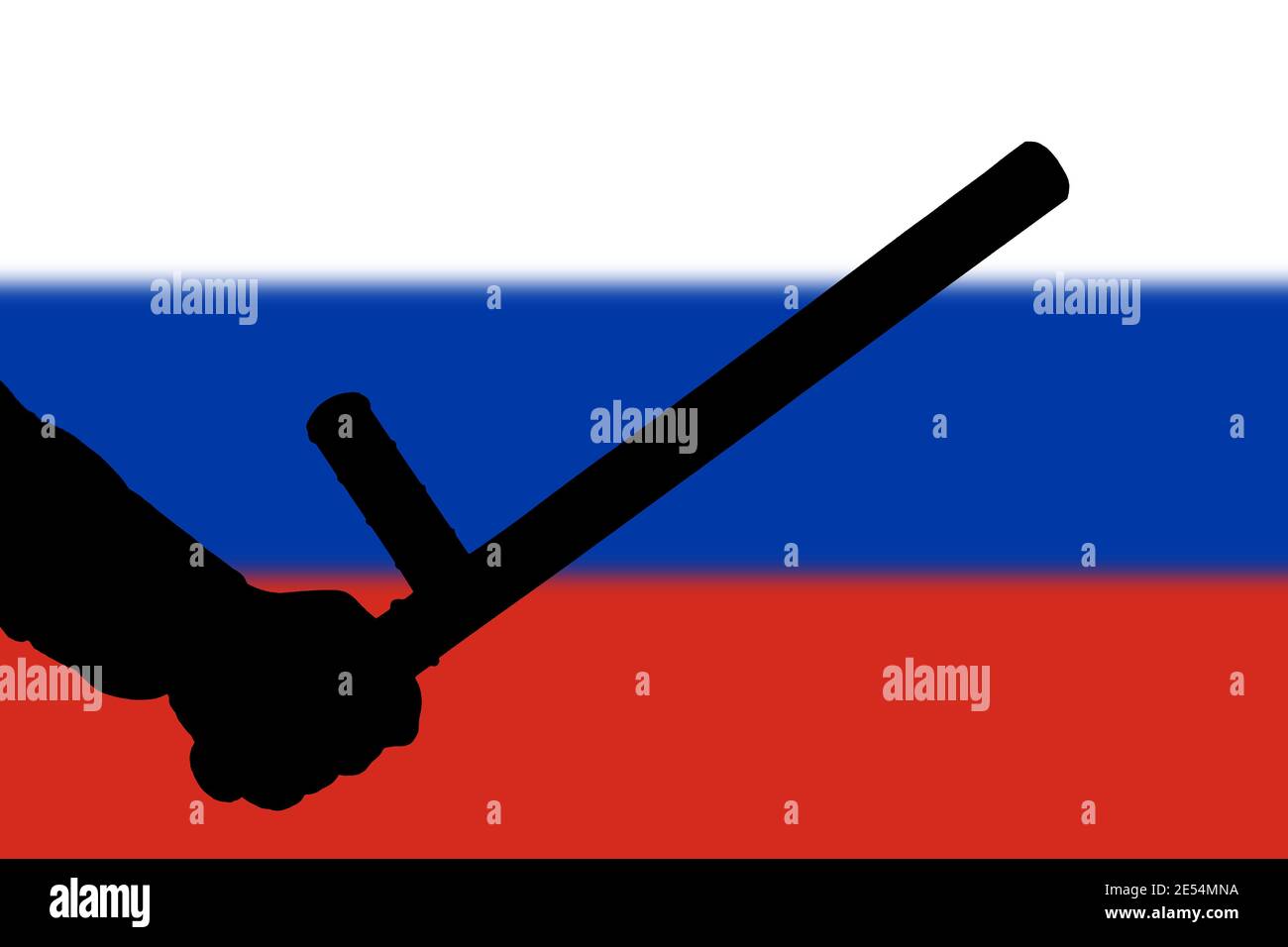 hand with police tonfa rubber stick silhouette and blurry russian flag ...