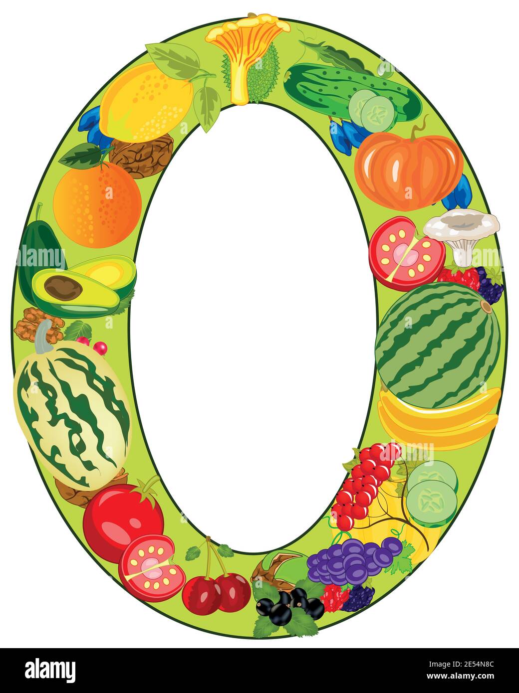 Decorative zero in the manner of vegetables and fruit on white ...