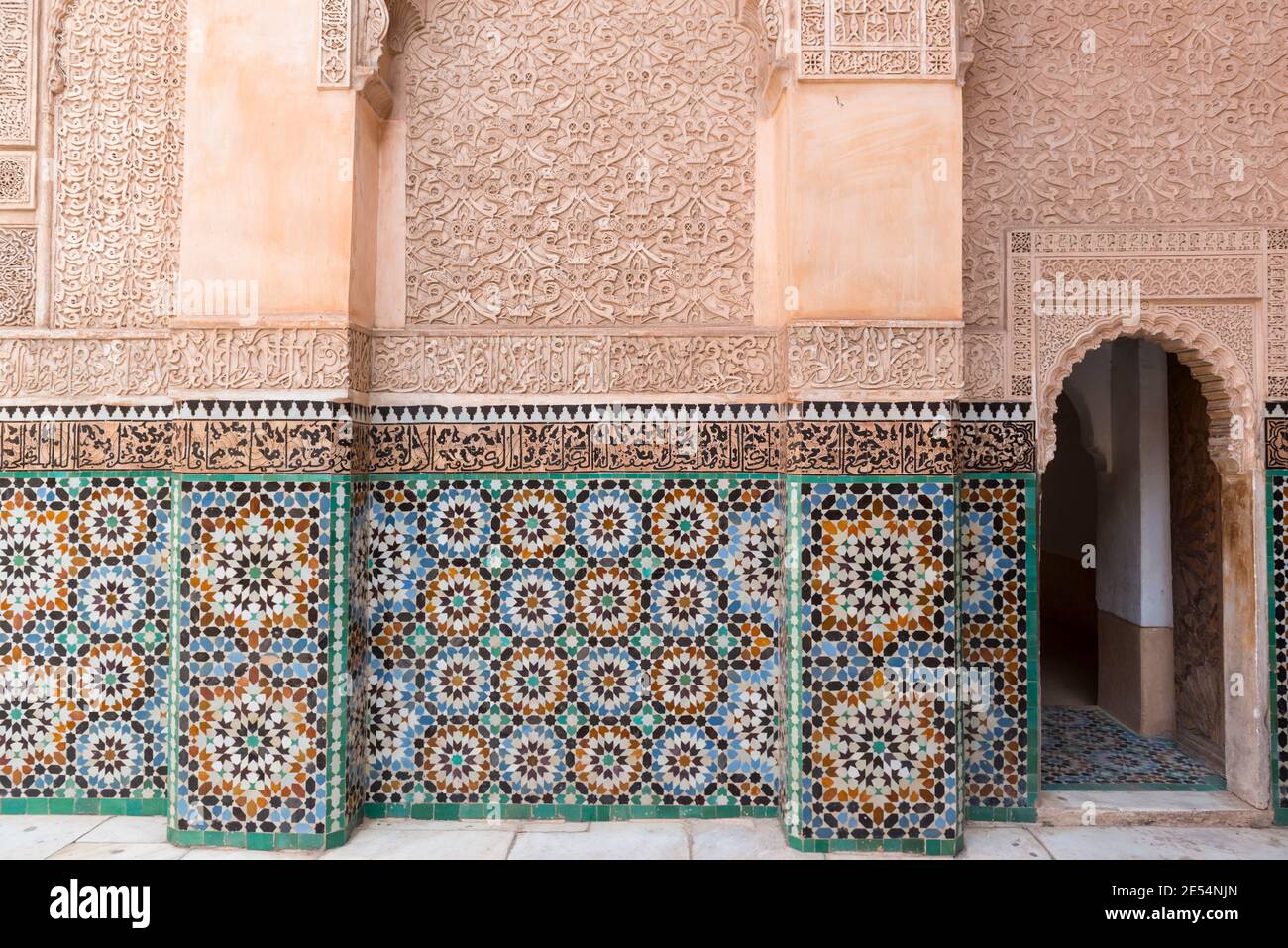 Part of the main courtyard of the Ben Youssef Madrasa in Marrakesh ...