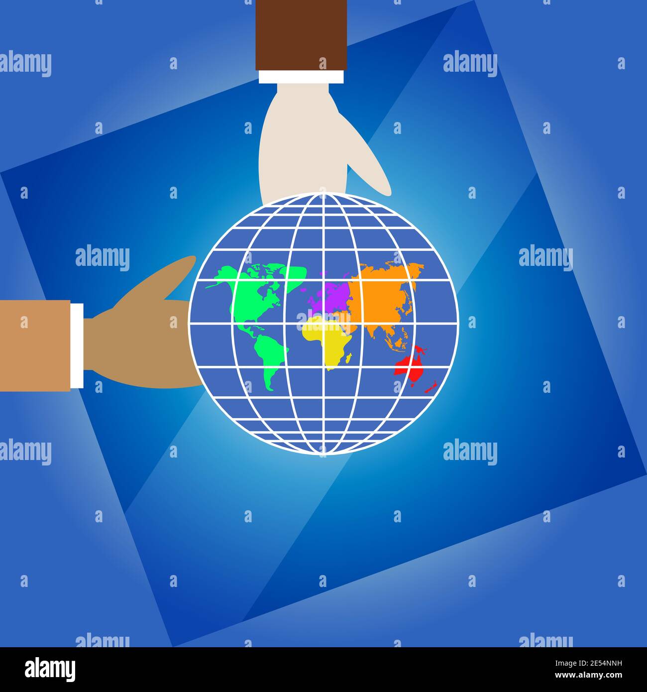 Two human different color hands and planet Earth. Different races ...