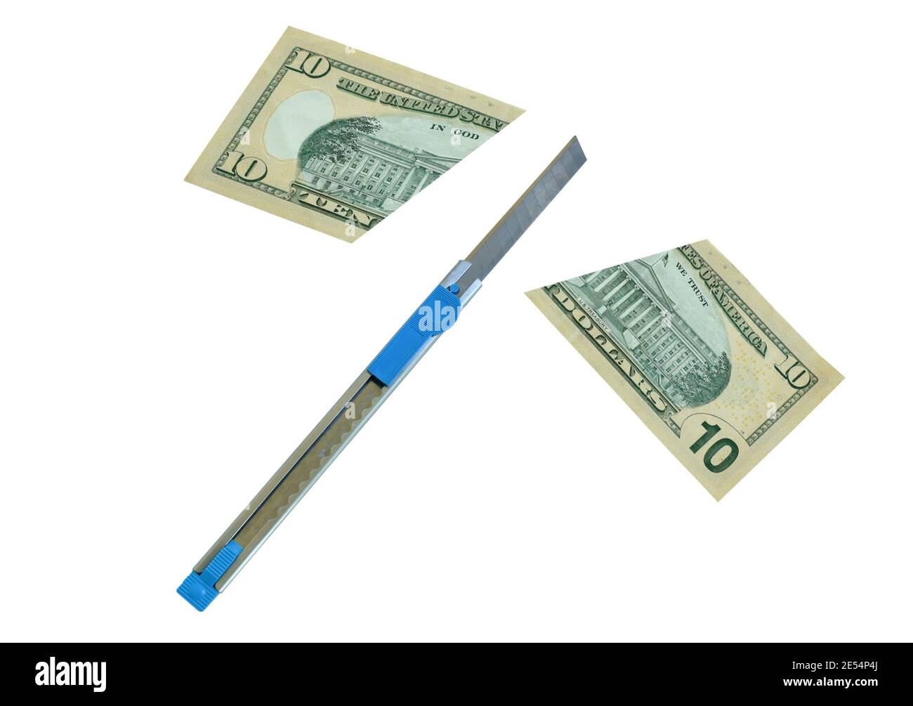 cutter cutting ten US dollar banknote on white background Stock Photo ...