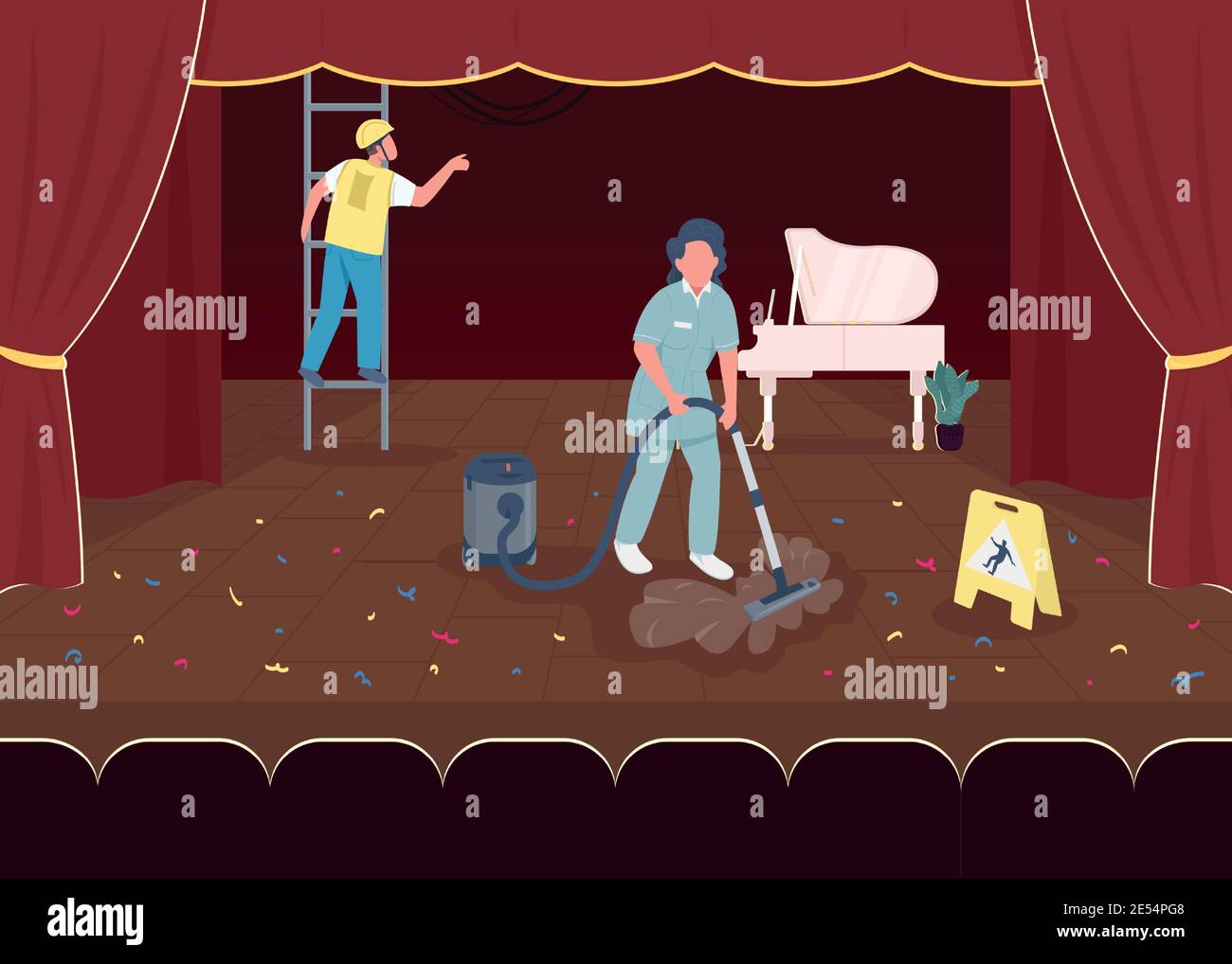 Cleaning after big concert flat color vector illustration Stock Vector ...