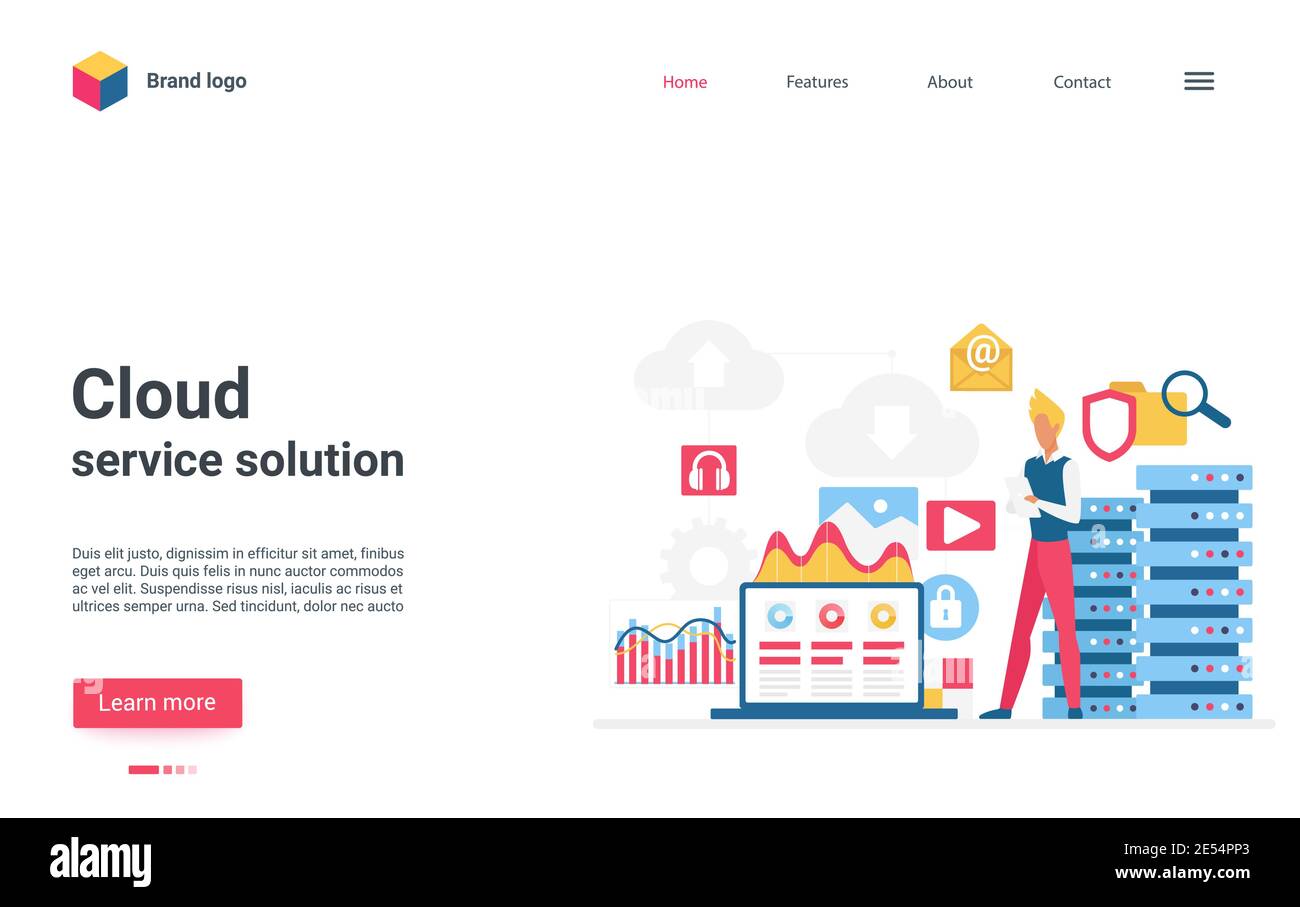 Cloud service solution vector illustration. Cartoon user man character standing near cloud ...