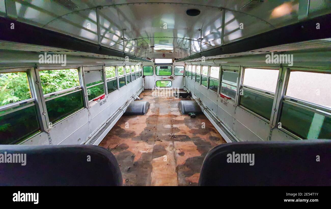 Wide angle shot of the interiors of a bus in the process of being ...