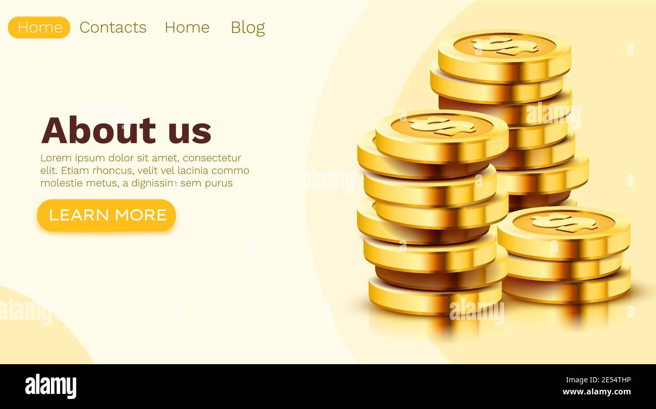 Stack of golden dollar coins isolated on white background. Landing page ...