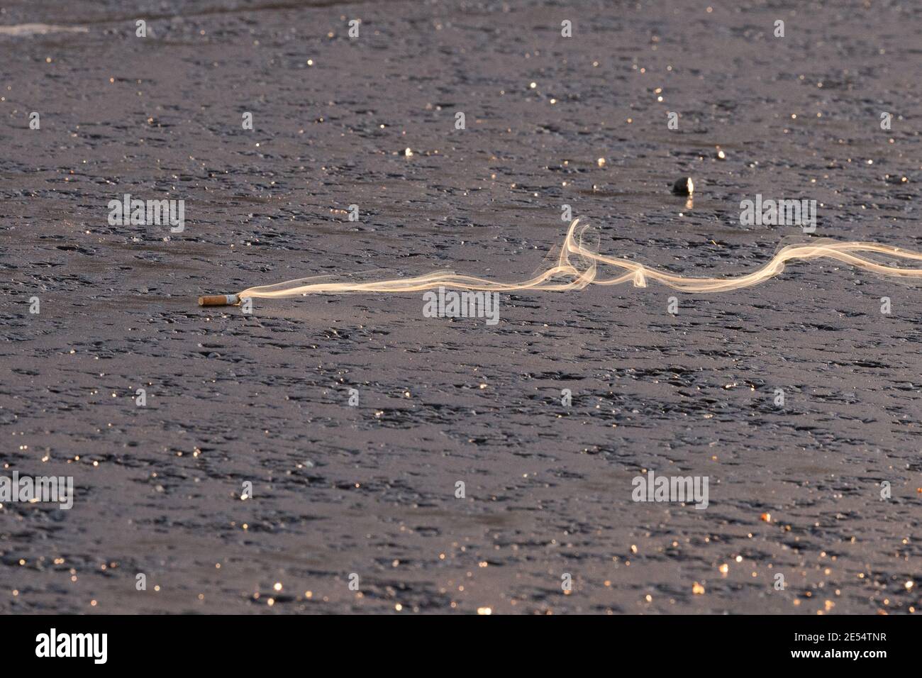 Lit burning cigarette end butt on road after being thrown from vehicle ...