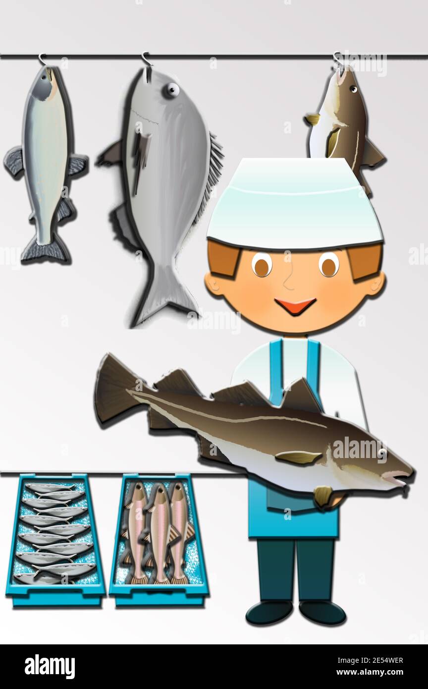 Cartoon of a cute Happy Fishmonger, with different fish in the ...