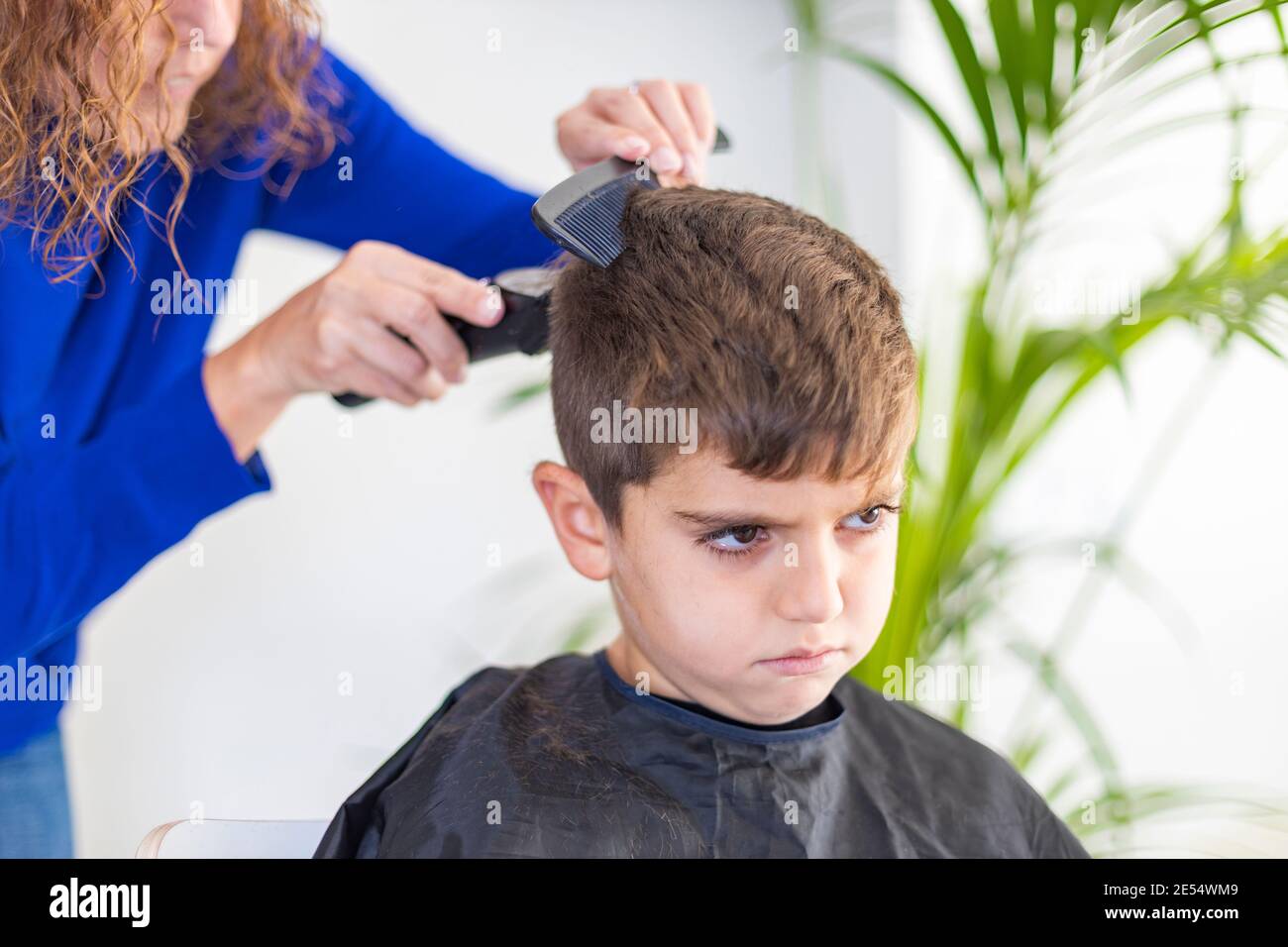 Angry boy getting haircut at home Stock Photo - Alamy