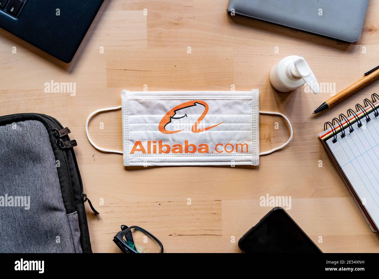 New York, USA - 25 january 2021: alibaba and covid concept. face mask ...