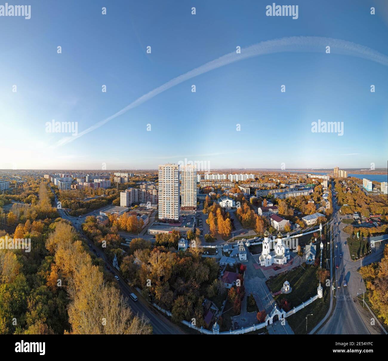 Aerial view of town Novosibirsk and Church of the Archangel Michael and ...