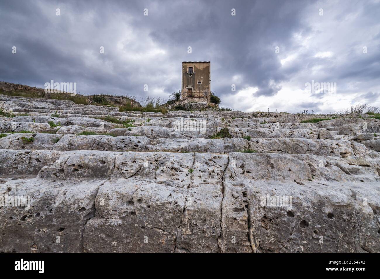 Small building above ancient ruins of Greek Theater from 5th century BC ...
