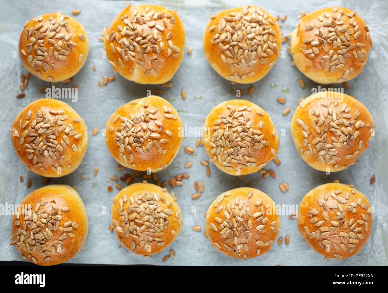 Hot fresh homemade buns sprinkled with seeds. Top view - Image Stock ...
