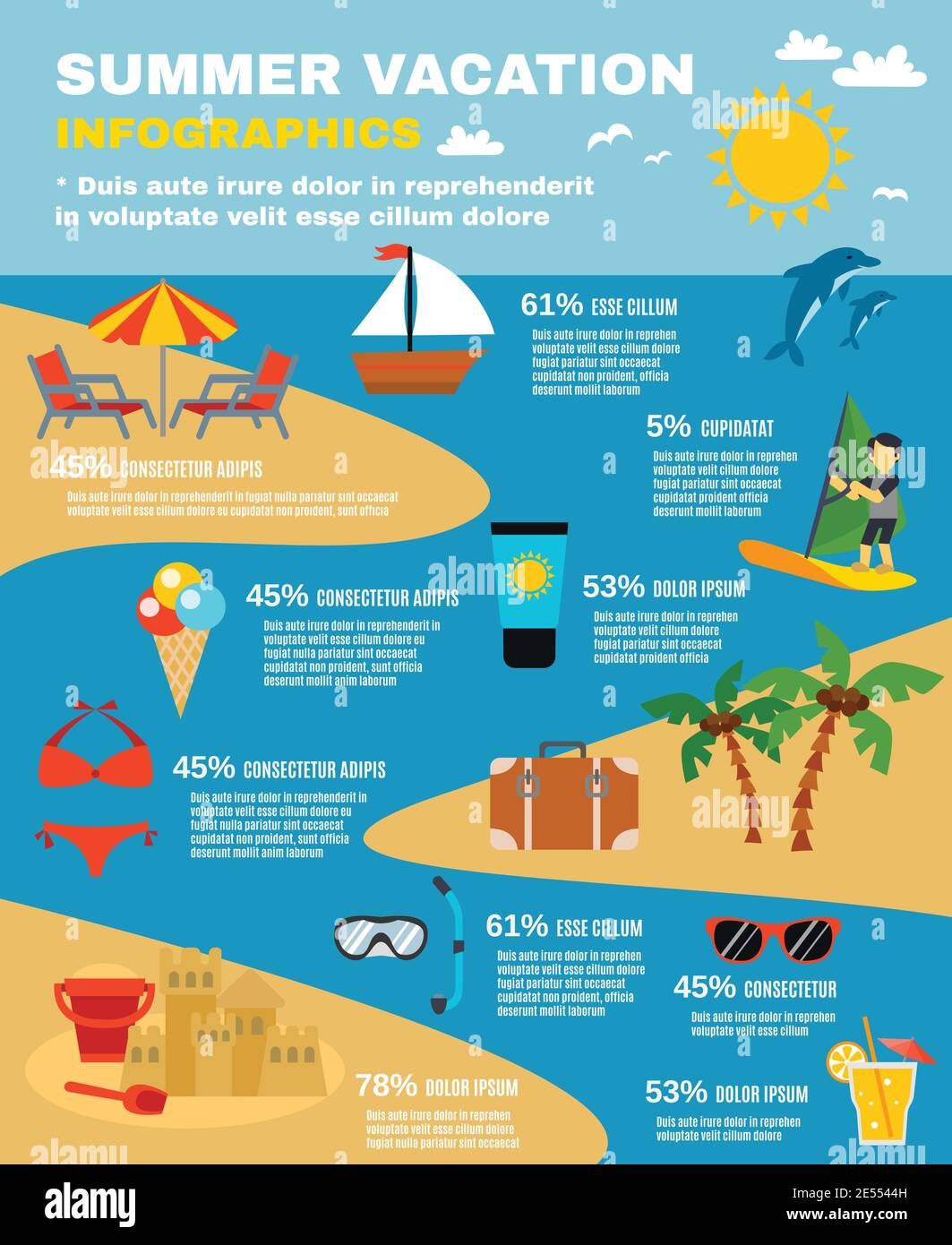 Summer and sea infographic set with dolphins beach and palms flat ...