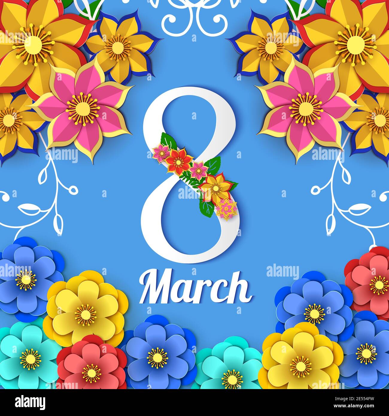 Floral 8 march greeting card. Happy Women's Day. Paper cut flower ...