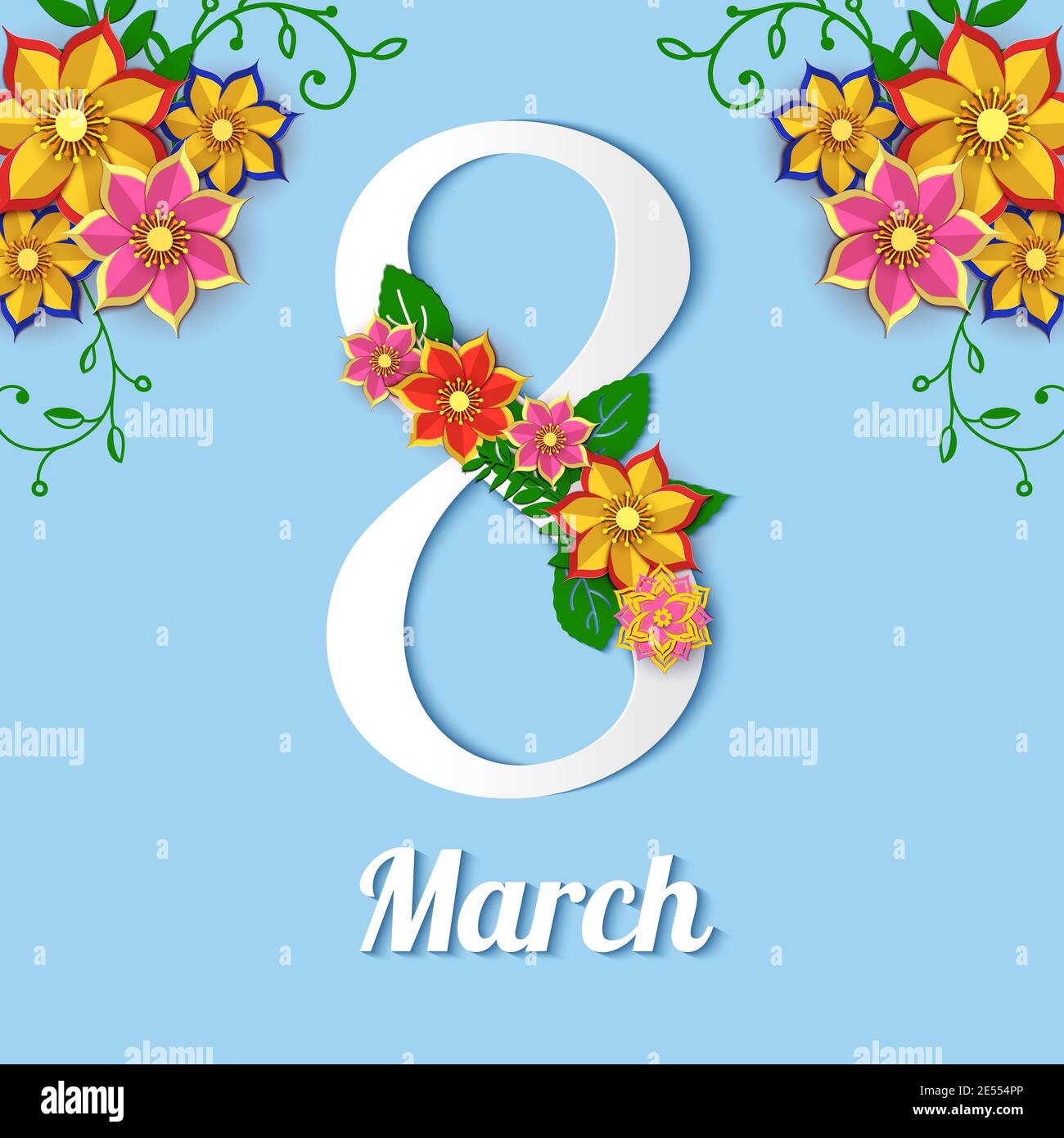 Floral 8 march greeting card. Happy Women's Day. Paper cut flower ...