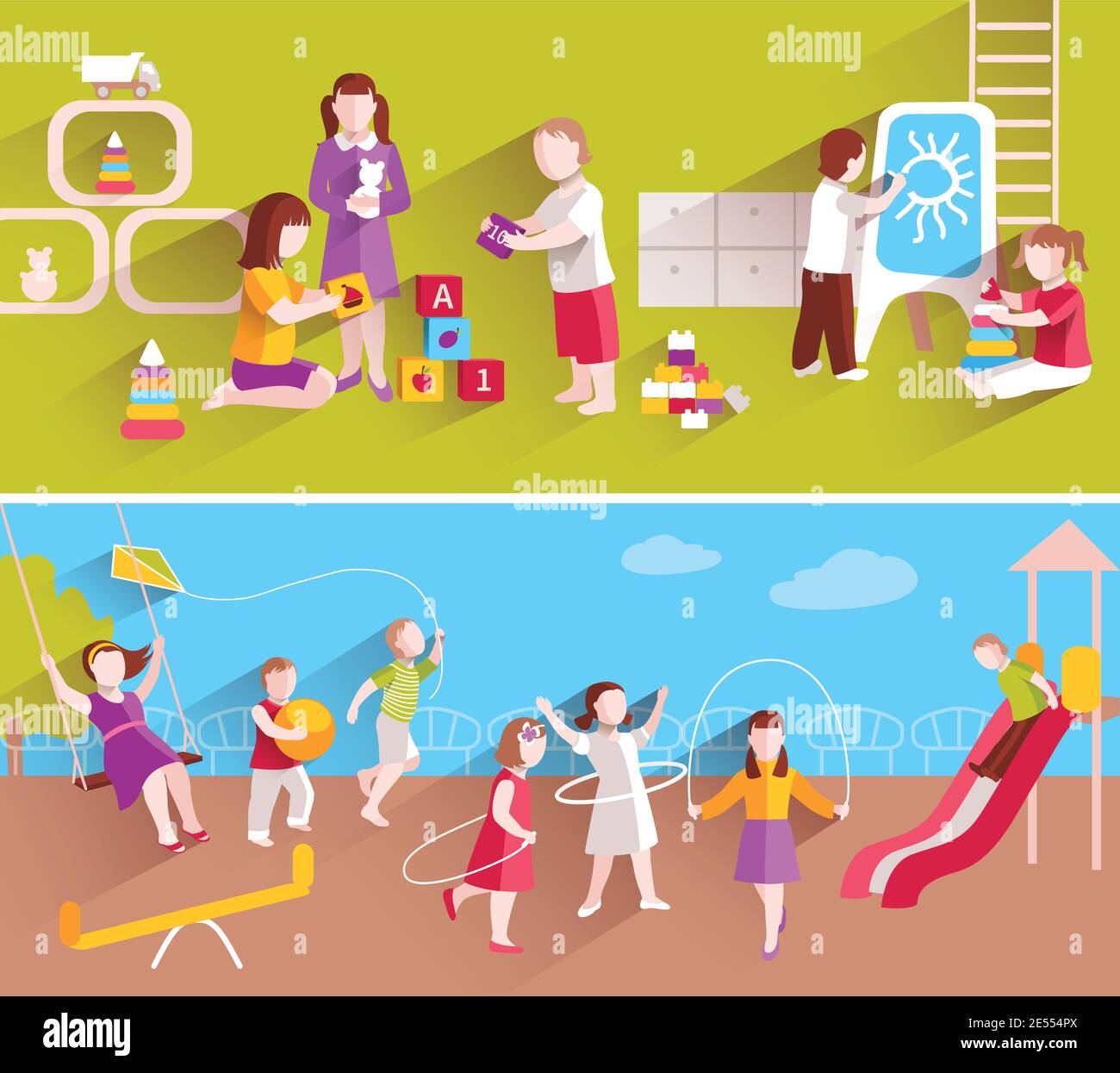 Children in kindergarten playing on ground and indoors horizontal ...