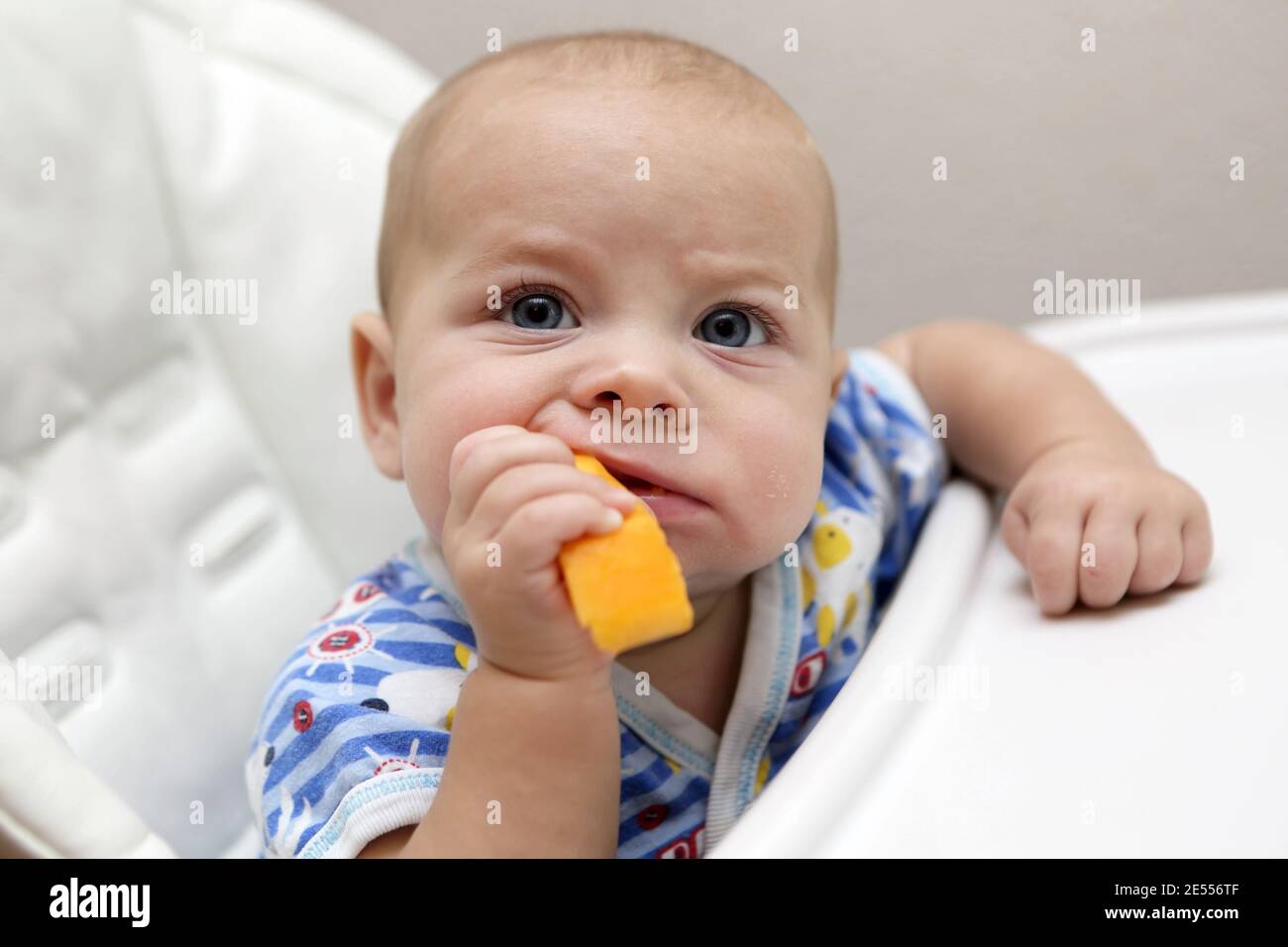 Baby biting pumpkin in the high chair Stock Photo - Alamy
