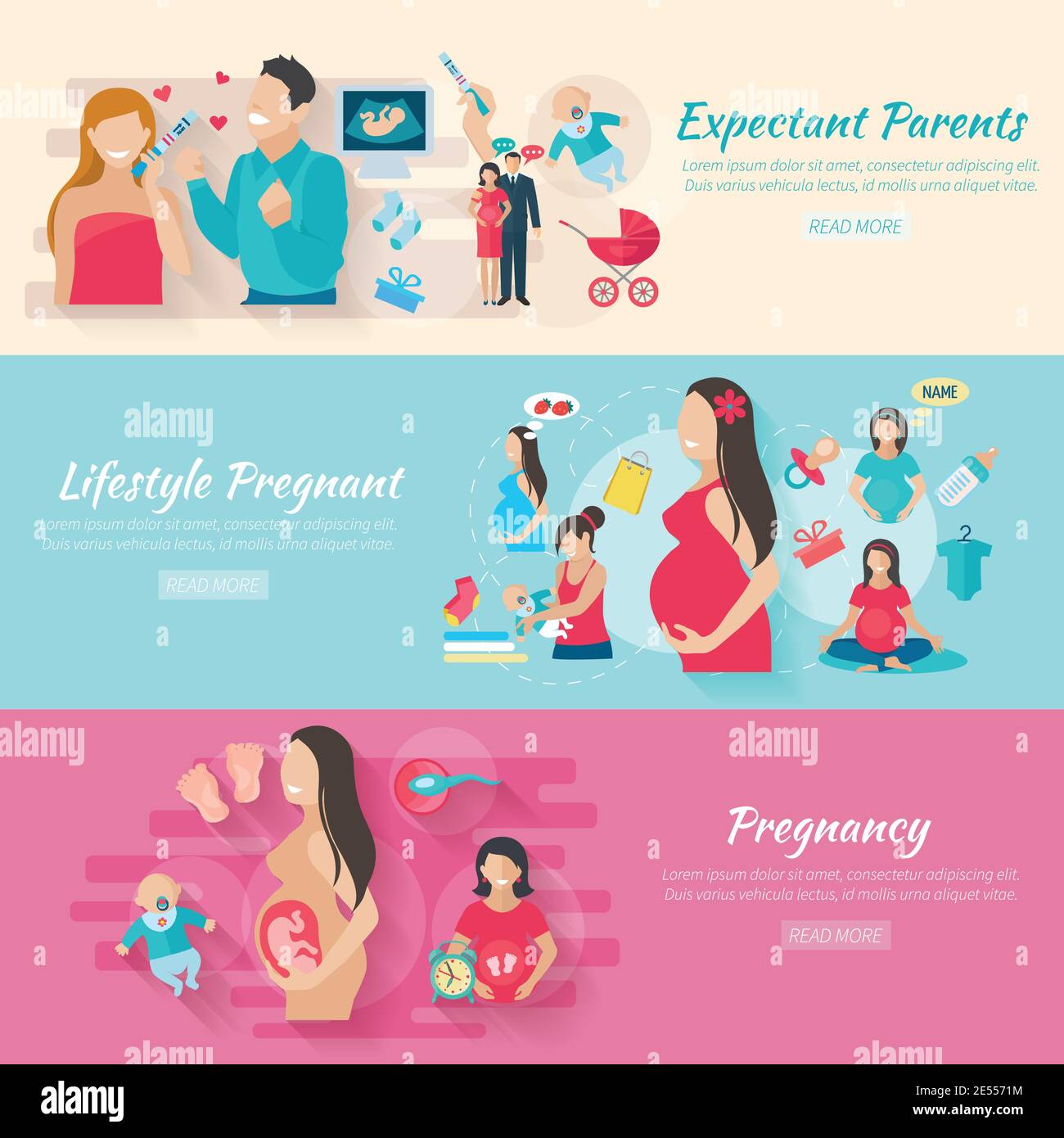 Pregnancy horizontal banner set with parents and babies flat elements isolated vector ...