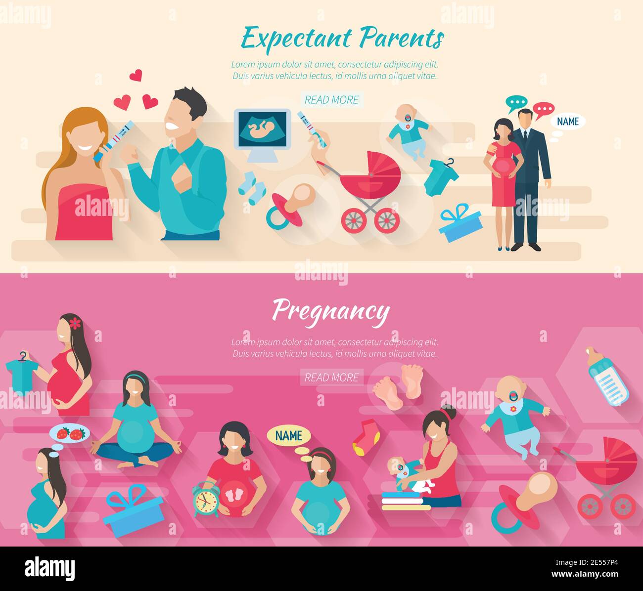 Pregnancy horizontal banner set with parents and childbirth flat ...