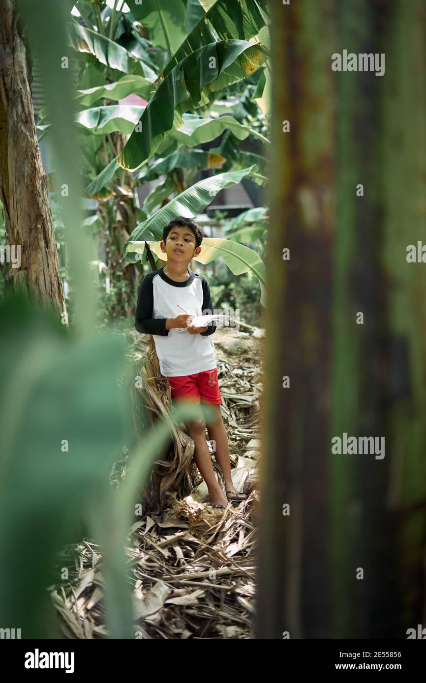 Little boy doing homework and study at nature public park Stock Photo ...