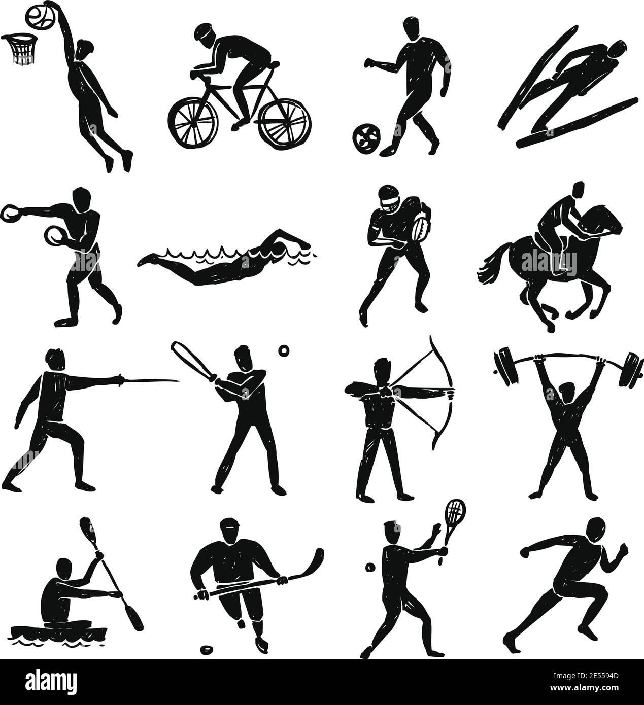 Sport people and athletes sketch black figures set isolated vector ...