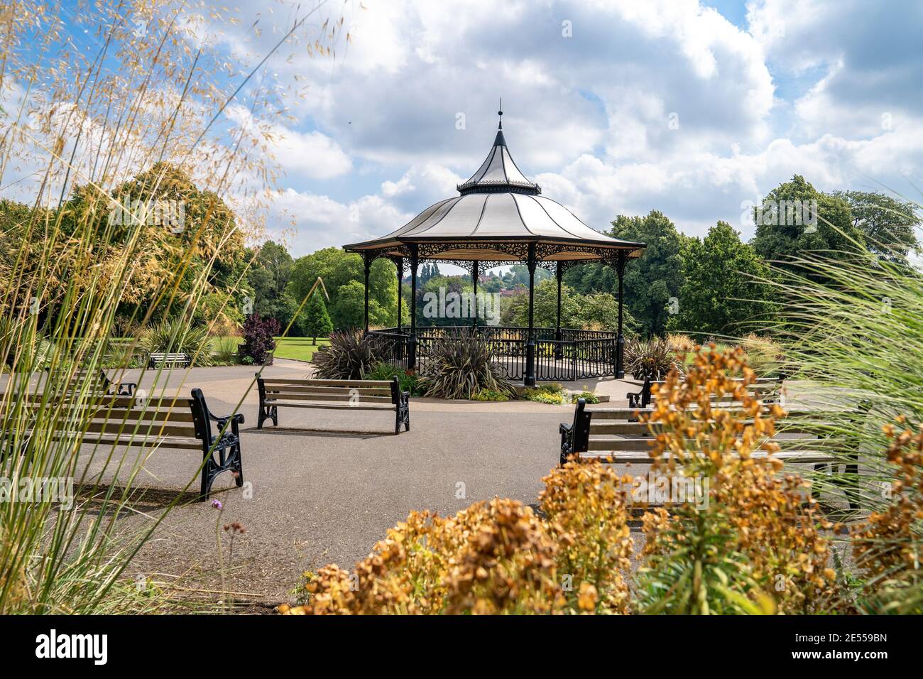 Mansfield Carr Bank play park band stand in summer surrounded by plants ...