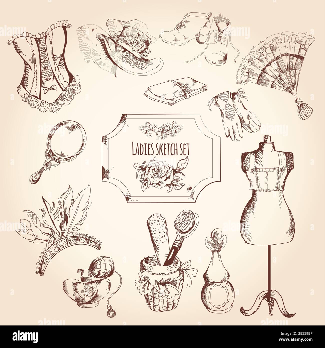 Ladies sketch set with retro woman fashion clothes and decorative ...