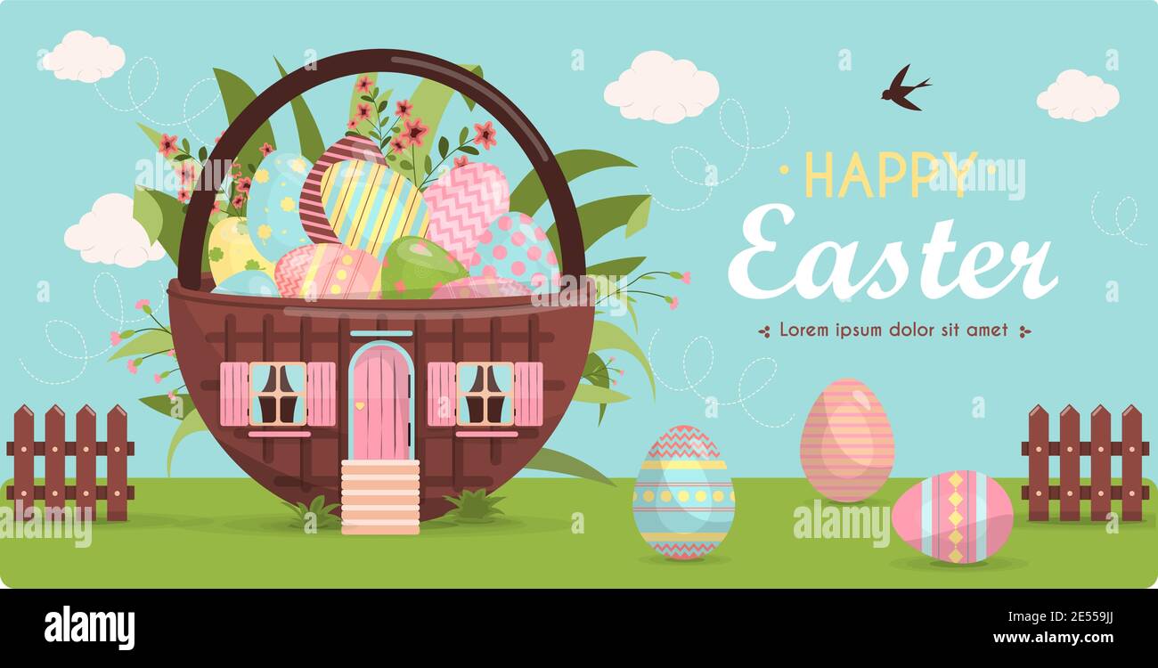 A set of brightly, colorful painted Easter eggs and a cute little house ...