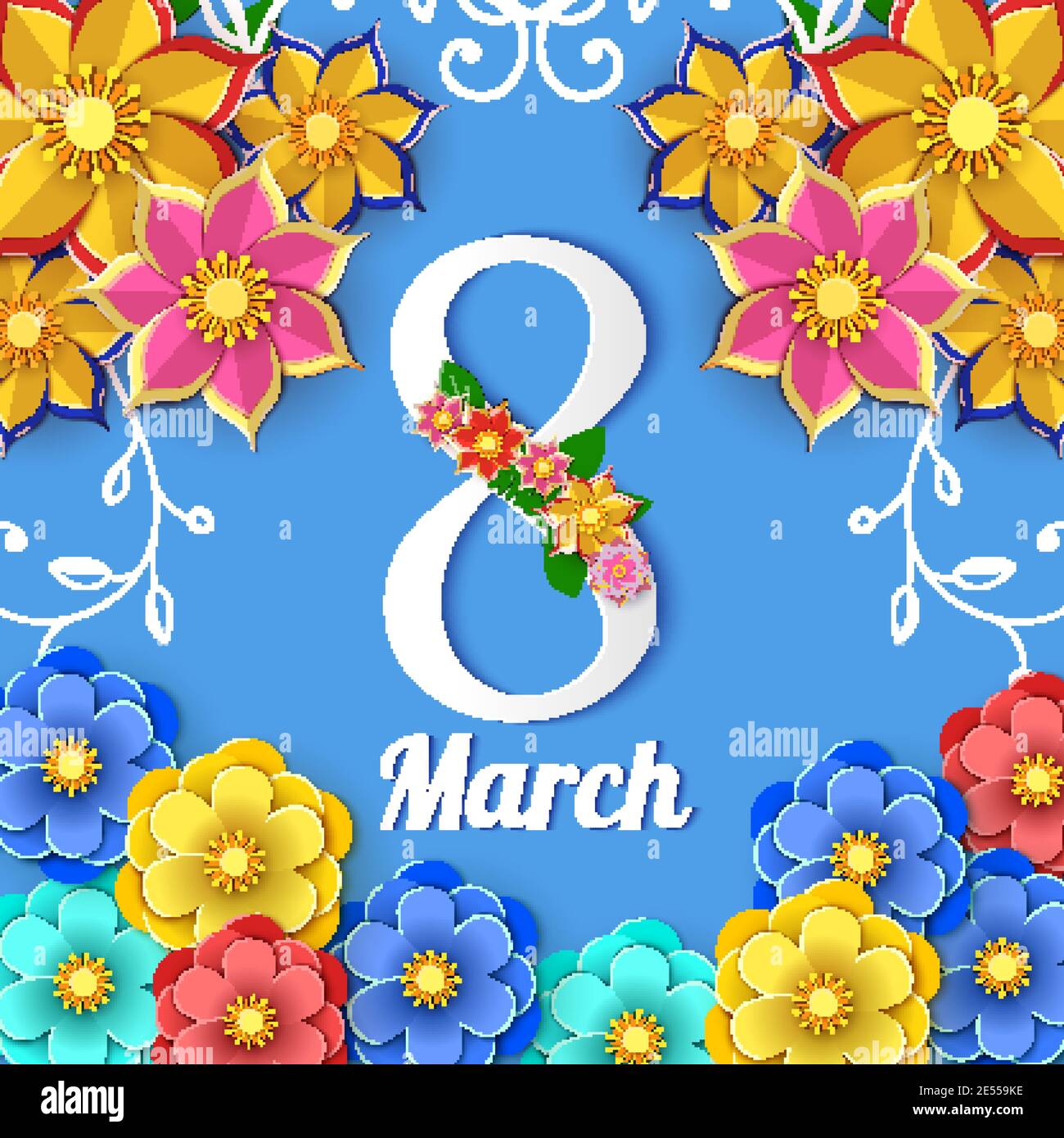 Floral 8 march greeting card. Happy Women's Day. Paper cut flower ...