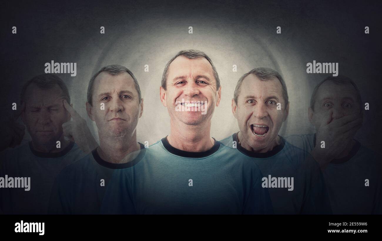 Middle age man suffer split emotions into different inner personalities ...
