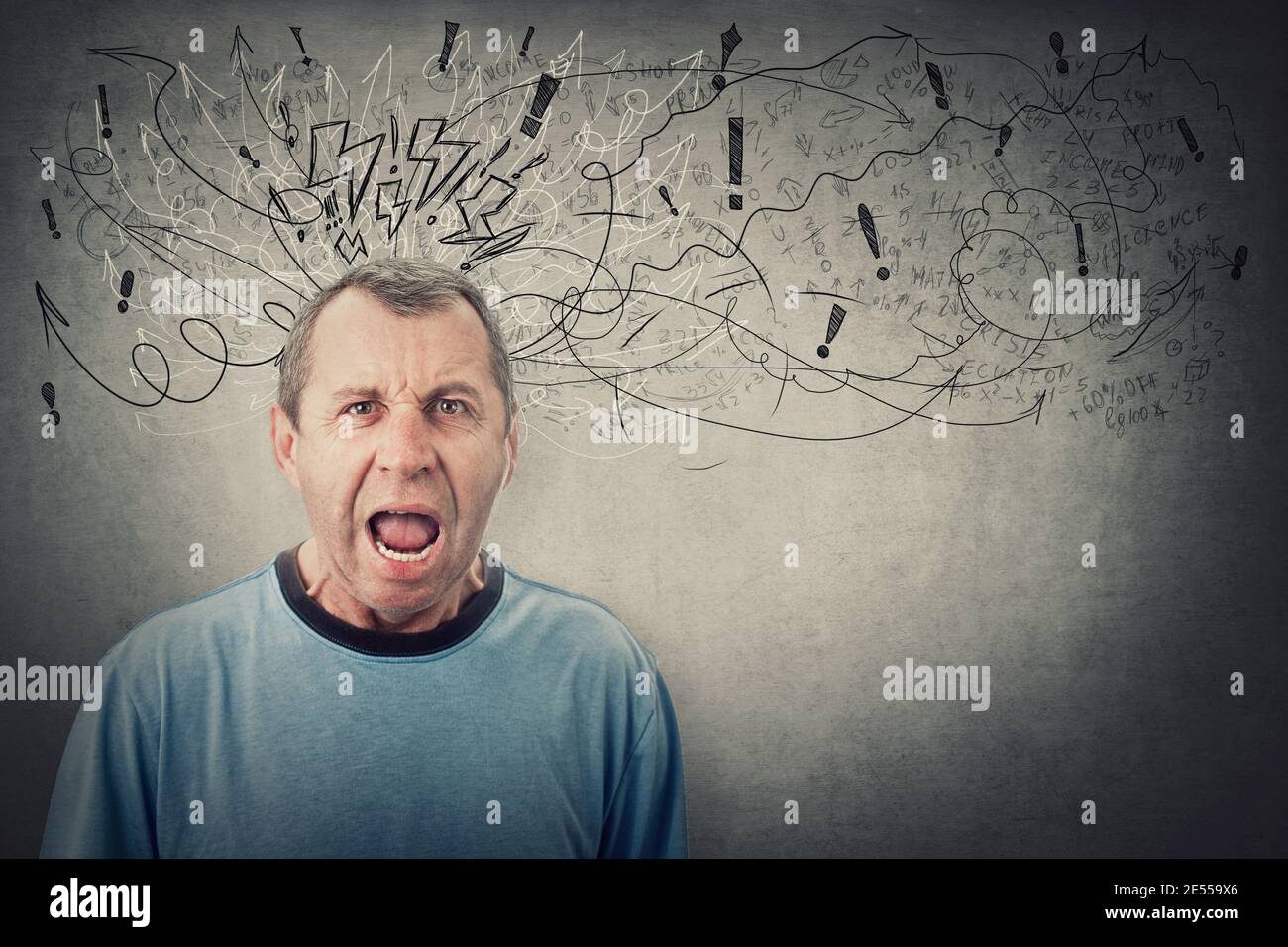 Angry middle aged man screaming and yelling. Negative human emotion ...