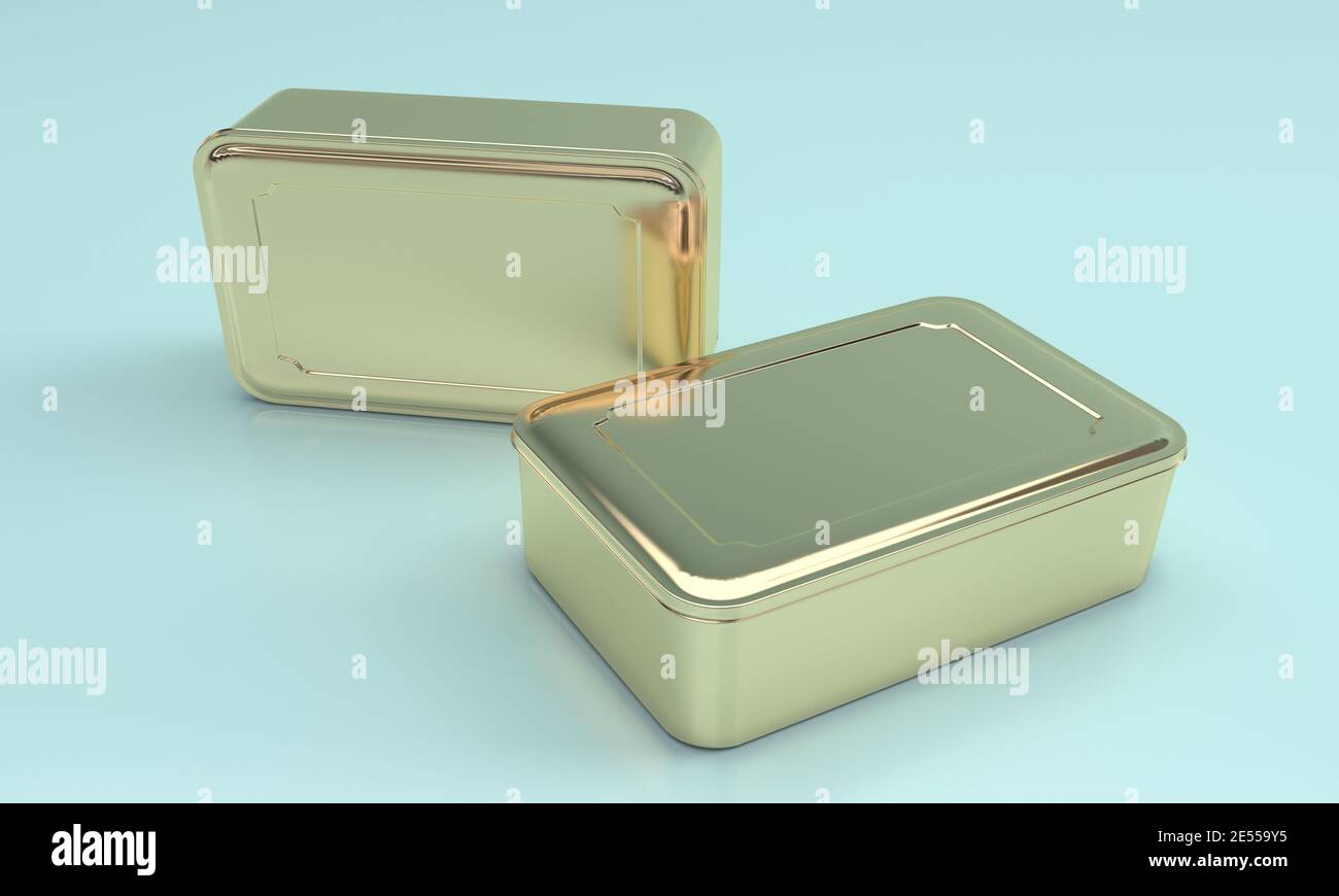 3d rendering illustration of two golden metallic containers for food on ...