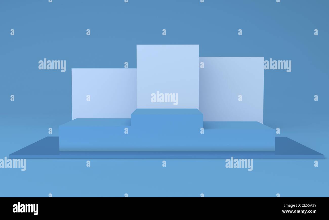3d rendering illustration of a prize pedestal in blue and white on a ...
