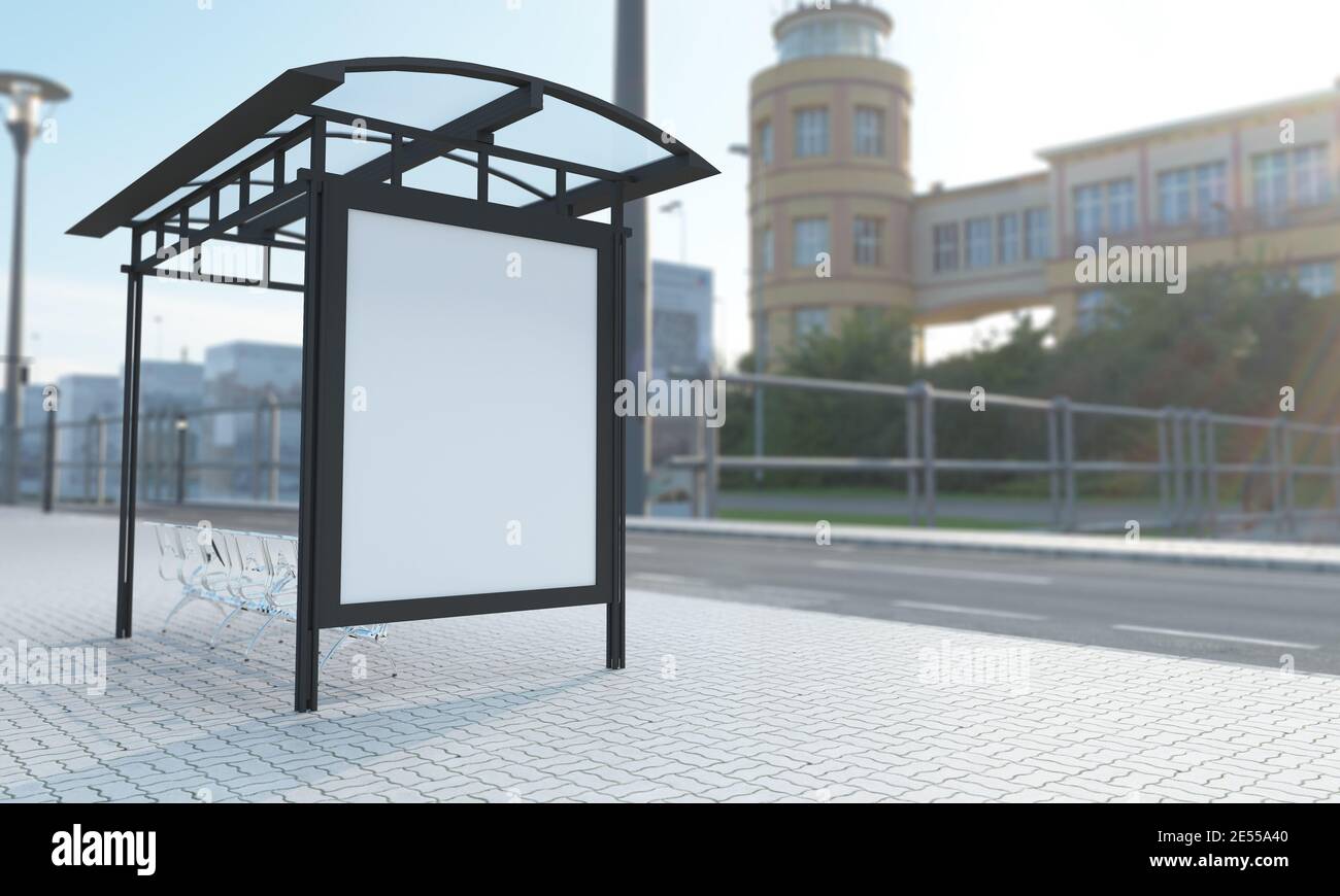 3d rendering illustration of a realistic mockup with a bus waiting area ...