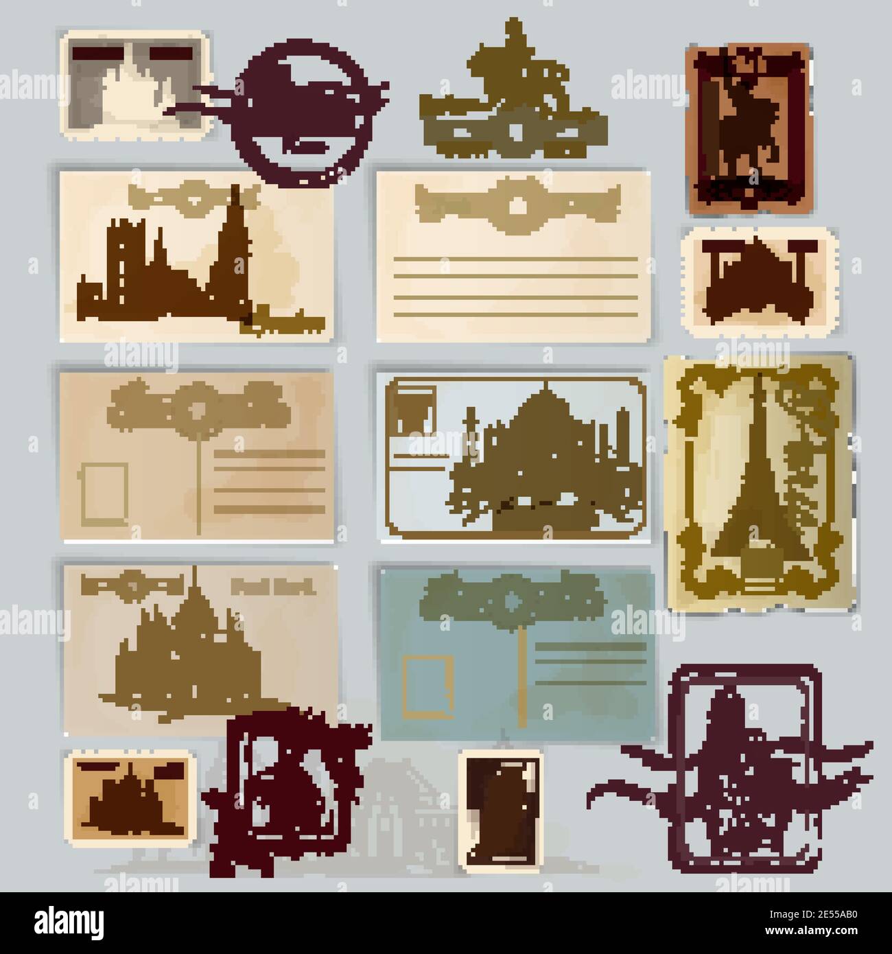 Vintage travel postcards and post stamps template set vector ...