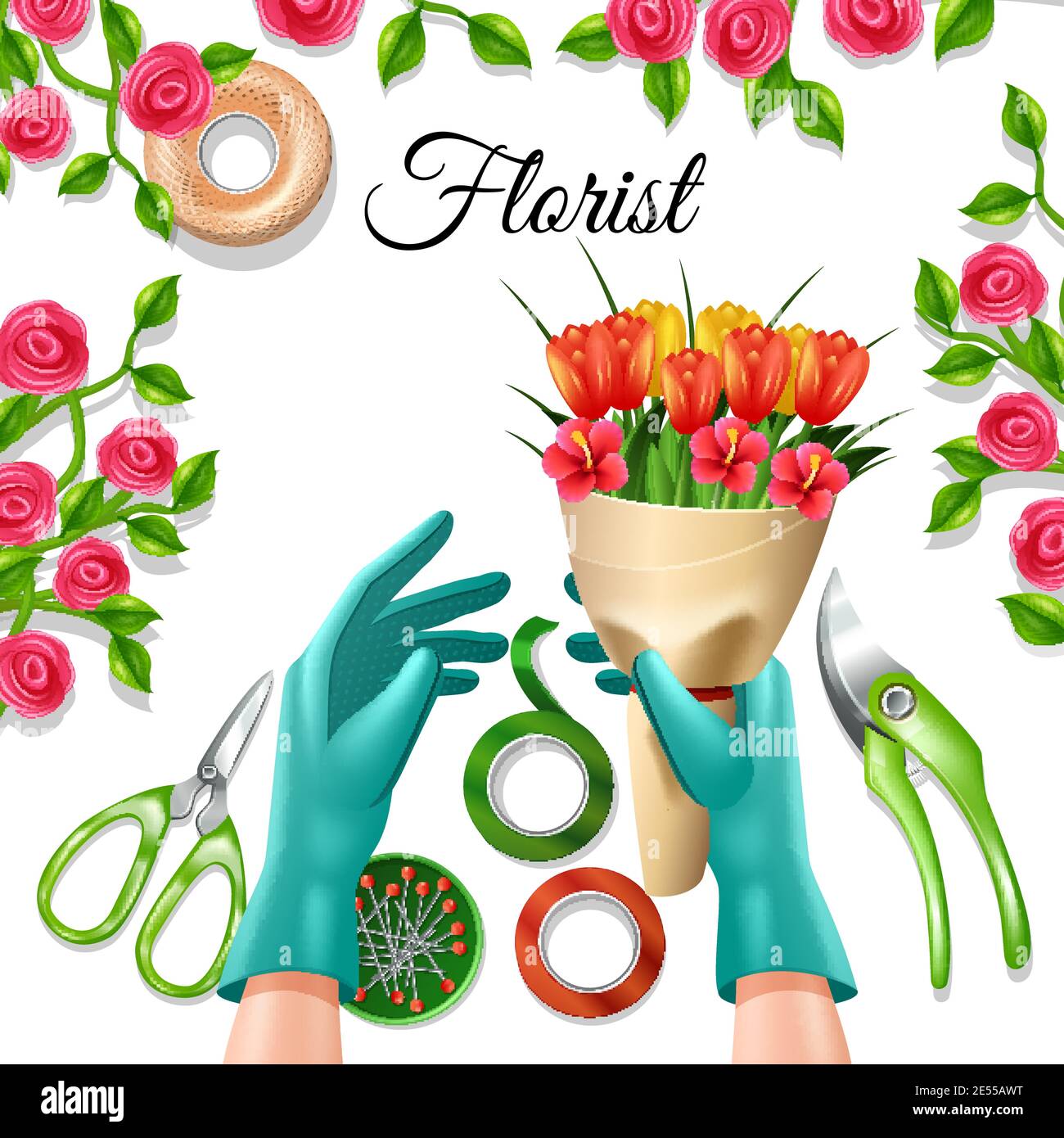 Flowers in bunch with florist equipment and tools tulip and rose ...