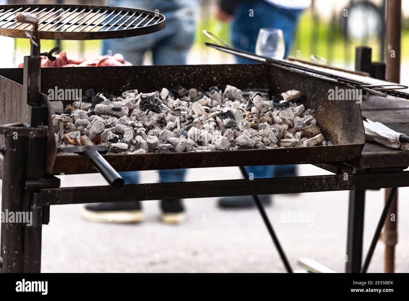 Grill with coals for meat. Hot coals prepared for cooking on the grill ...